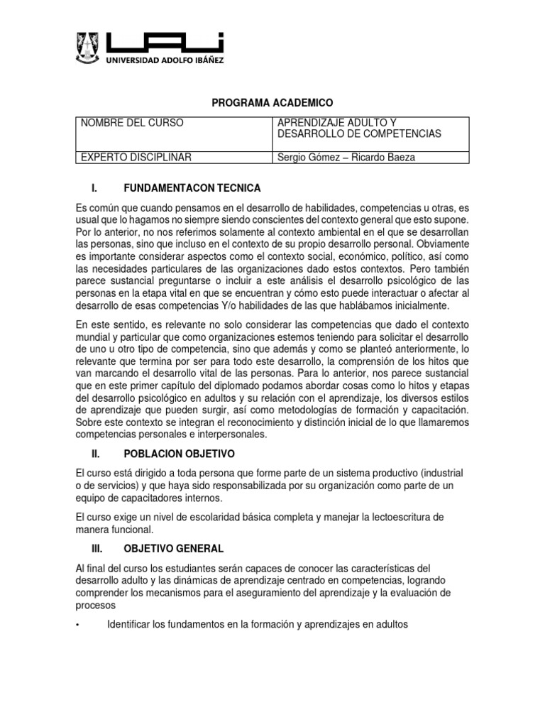 Syllabus Aprendizaje Adulto y Desarrollo de Competencias | PDF | Aprendizaje | Adultos