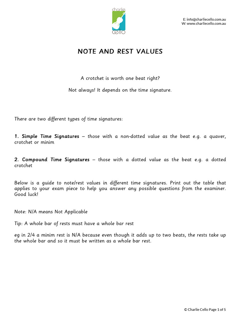 CELLO Note and Rest Values | PDF | Rhythm And Meter | Performing Arts