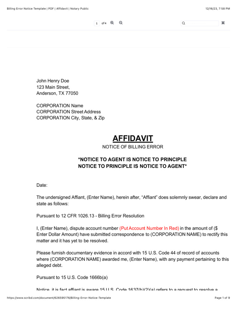 Billing Error Notice Template - PDF - Affidavit - Notary Public | PDF ...