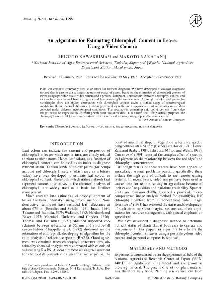 An Algorithm For Estimating Chlorophyll Content in Leaves Using A Video ...