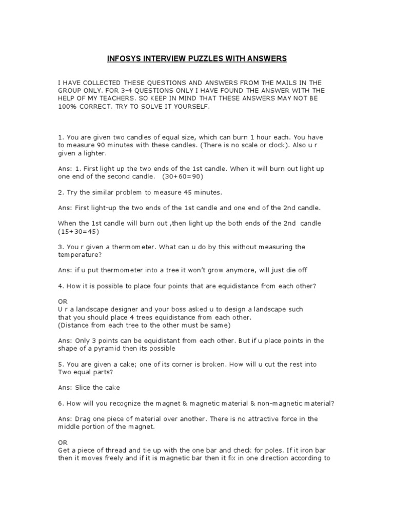 Infosys Interview Puzzles With Answers | PDF | Physical Quantities ...