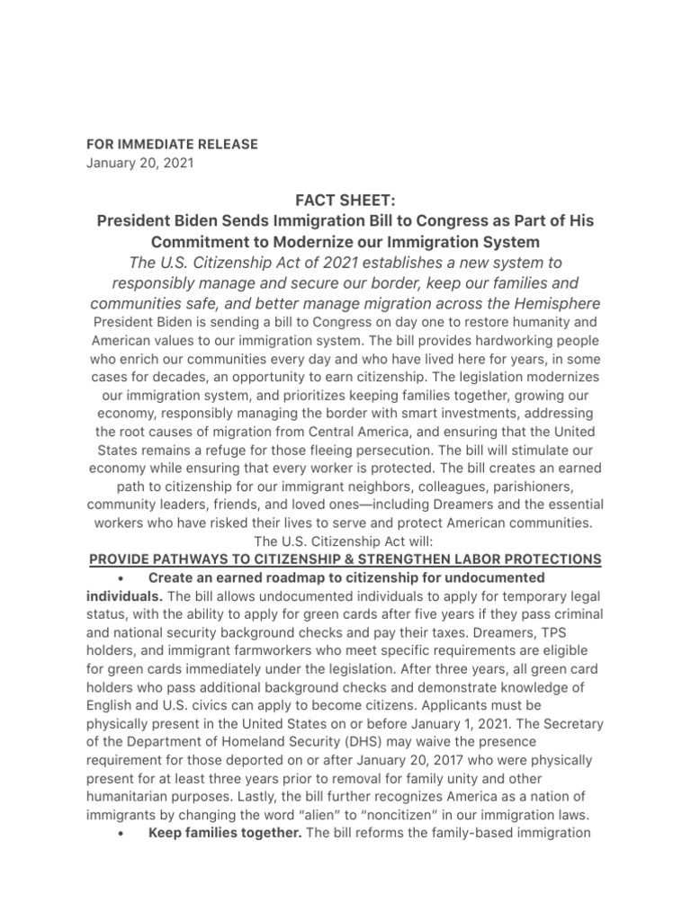 Fact Sheet U.S. Citizenship Act of 2021 | PDF | Social Science