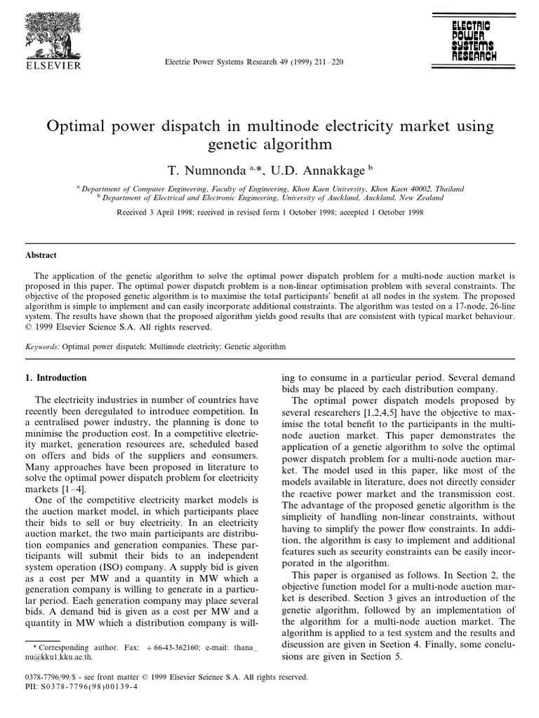 Optimal Power Dispatch in Multinode Electricity Market Using Genetic Algorithm | PDF | Genetic ...