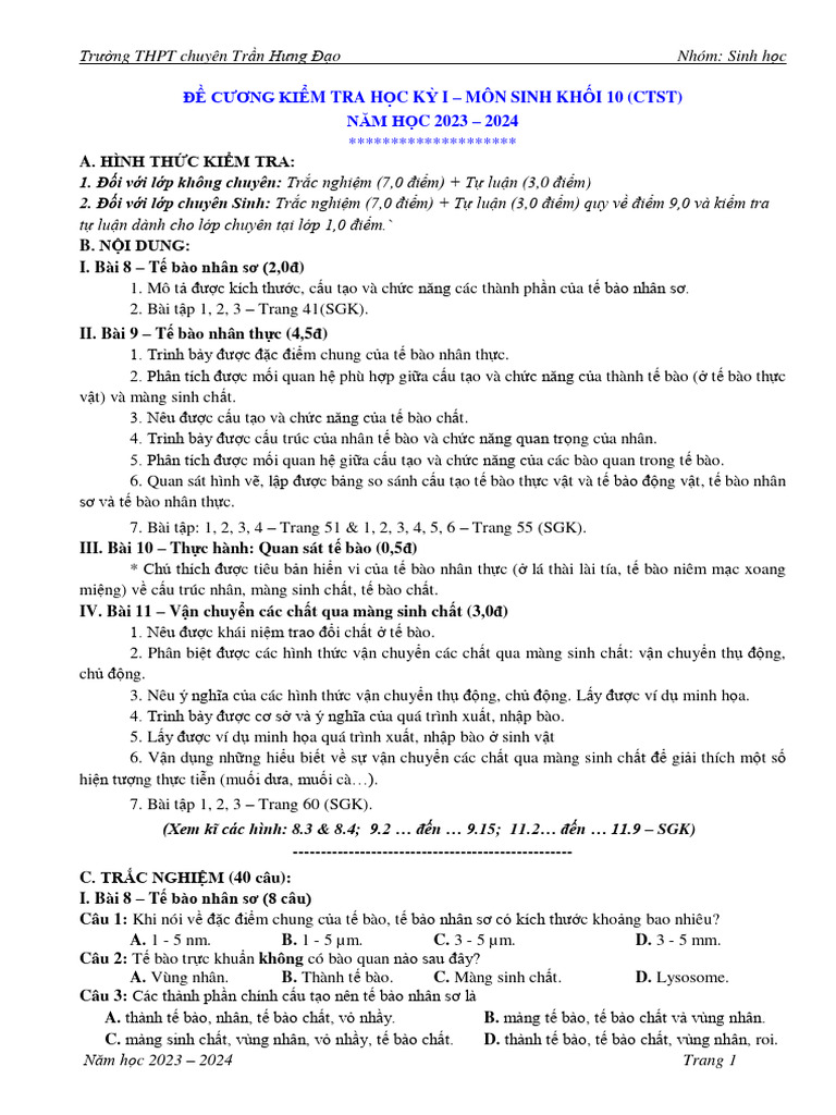 ĐỀ CƯƠNG KT HKI-SINH10 (23-24) - HS | PDF