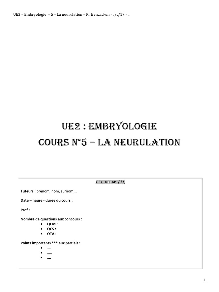 UE2 Embryologie - La Neurulation | PDF