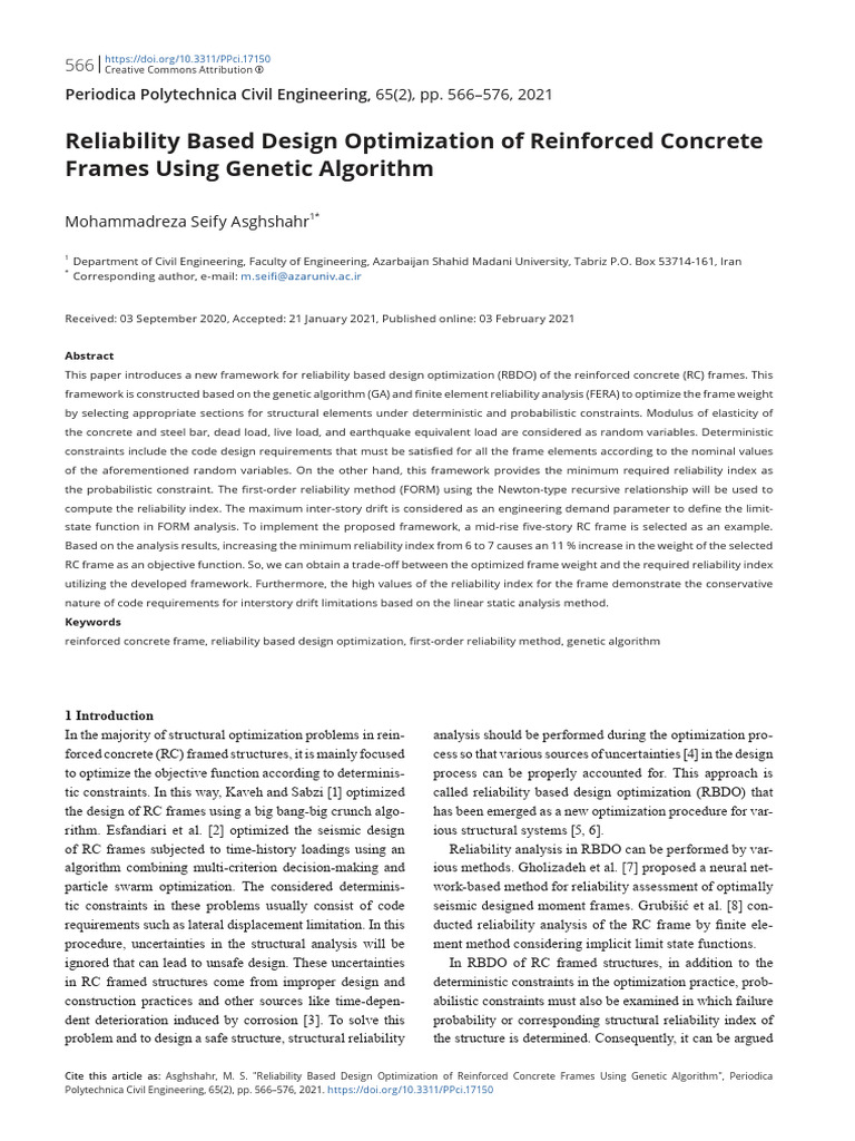 (2021) Reliability Based Design Optimization of Reinforced Concrete Frames Using Genetic ...