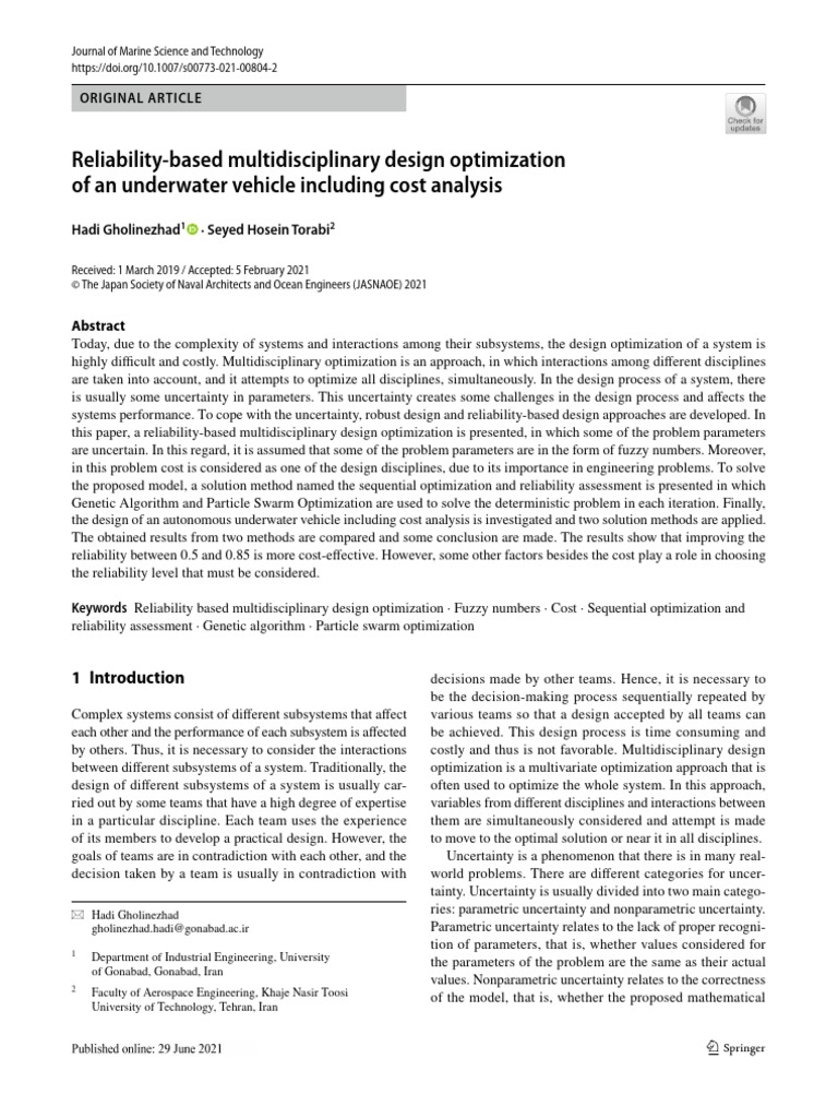 (2021) Reliability Based Multidisciplinary Design Optimization of An Underwater Vehicle ...
