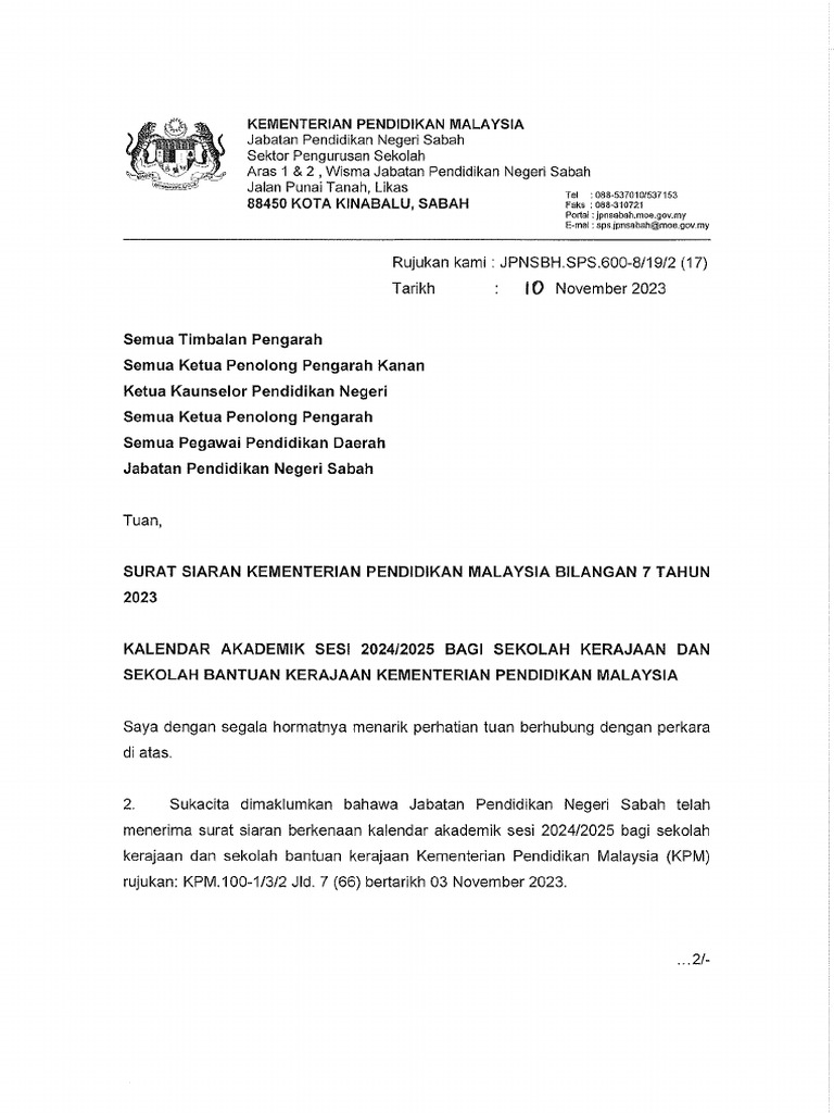 Surat Siaran KPM Bil 7 2023 Kalendar Akademik 2024 2025 | PDF Surat Siaran KPM Bil 7 2023 Kalendar Akademik 2024 2025 | PDF