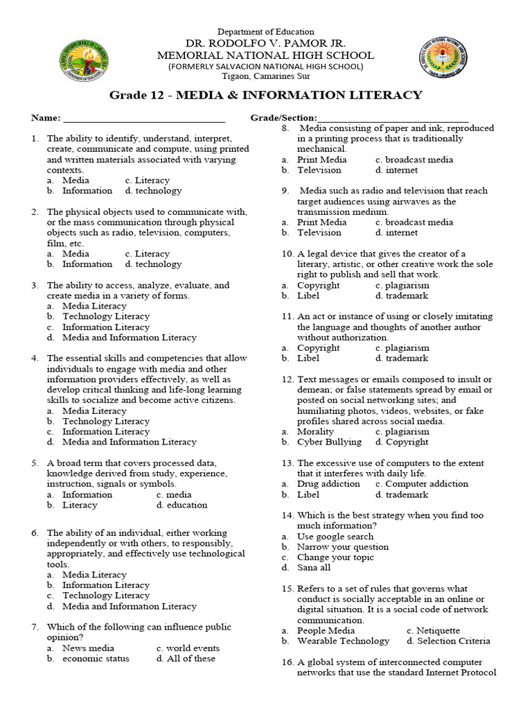 Media Information Literacy Test 2 Pdf Mass Media Computer Network