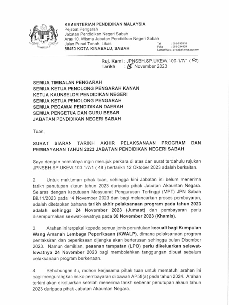 Surat Siaran Tarikh Akhir Pelaksanaan Program Dan Pembayaran Tahun 2023 ...
