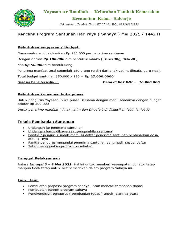 Rencana Program Santunan Hari Raya | PDF