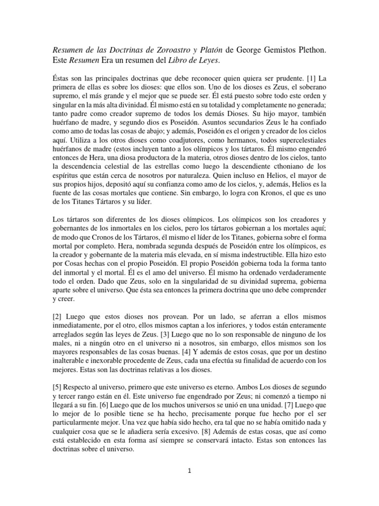 Resumen de Las Doctrinas de Zoroastro y Platón. Gemistos Pletho | PDF ...