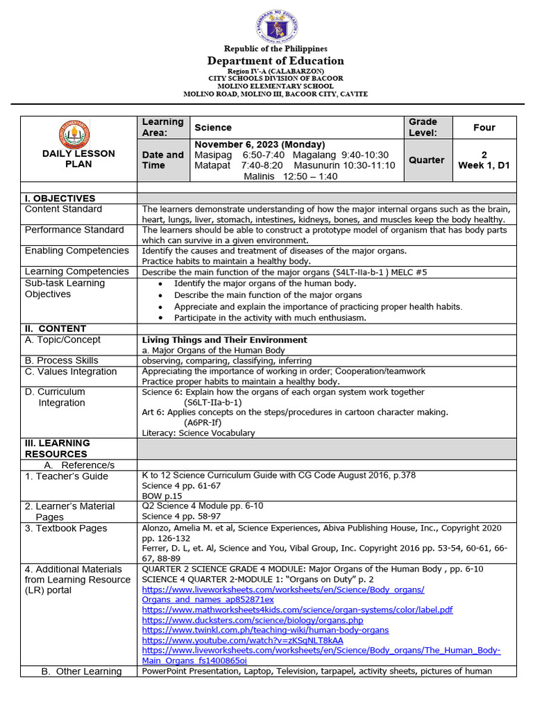 Q2 - Science 4 - Week 1 - Day 1 - Major Organ of The Human Body - Intro | PDF | Human Body ...