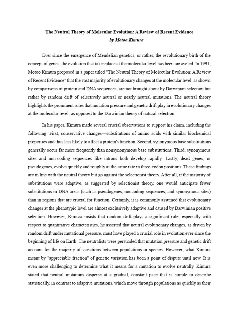 The Neutral Theory of Molecular Evolution - A Recent Review of Evidence ...