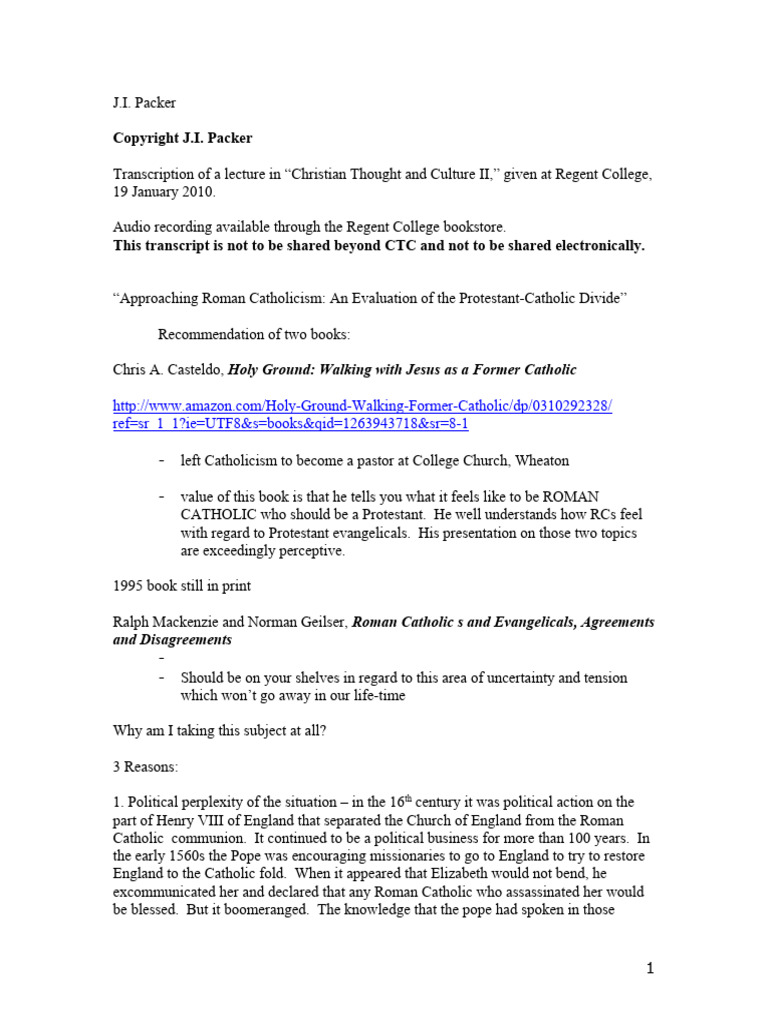 J.I. Packer - Approaching Roman Catholicism CTC Lecture 2010 | PDF ...
