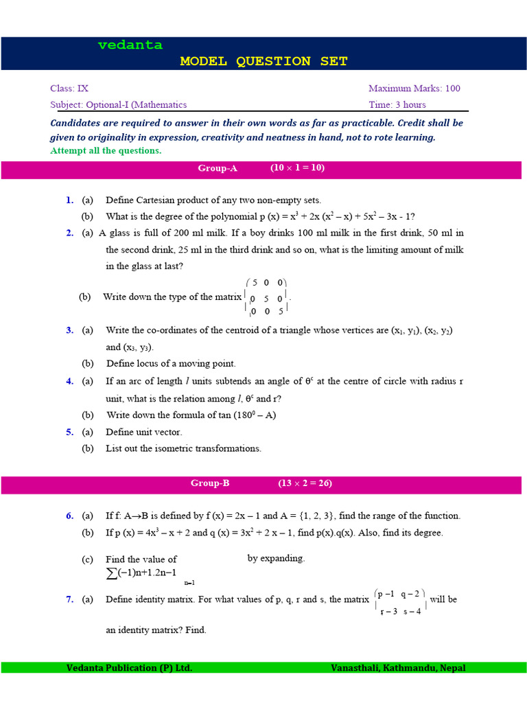 Model Question Set of Optional I Mathematic Class9 20210123185817 | PDF ...