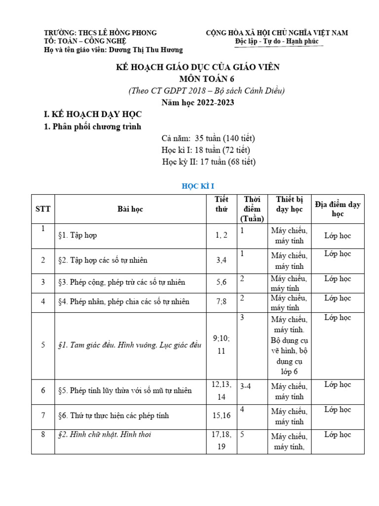 KHDH GV Toán 6 | PDF