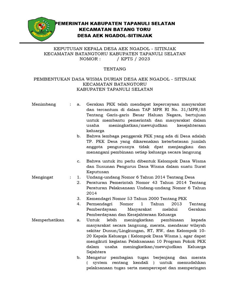 Pembentukan Dasa Wisma Aek Ngadol | PDF