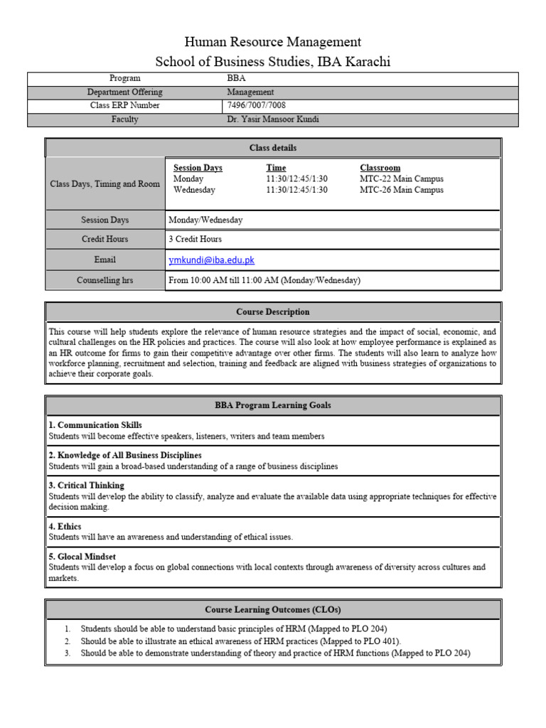 HRM Course Outline 15.08.2023 | PDF | Human Resource Management ...