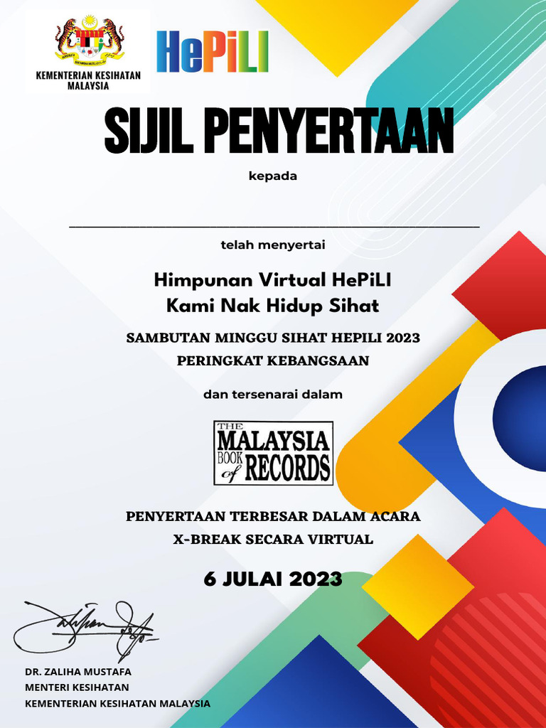 Sijil Penyertaan Himpunan Virtual Hepili 2023 | PDF