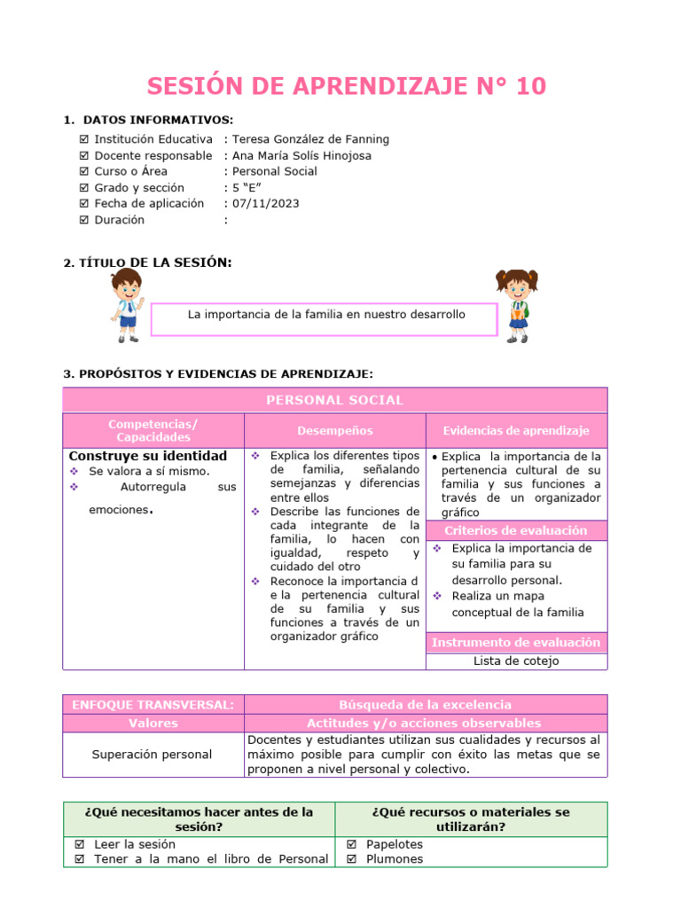 SESIÓN DE APRENDIZAJE 10 La importancia de la familia en nuestro desarrollo ANA | PDF | Familia ...
