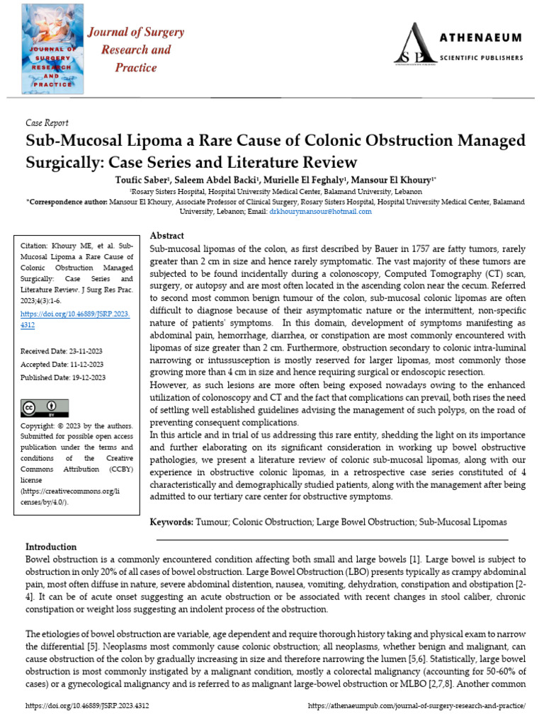 Sub Mucosal Lipoma A Rare Cause Of Colonic Obstruction Managed
