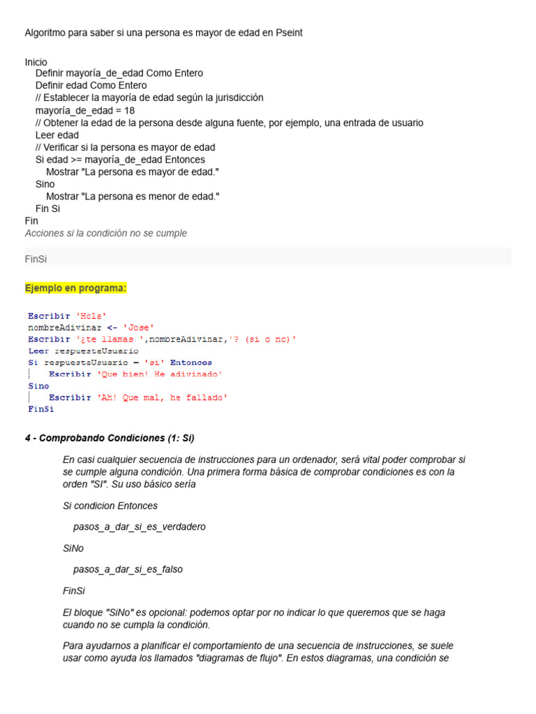 Algoritmo para saber si una persona es mayor de edad en Pseint | PDF | Algoritmos | Ingeniería ...