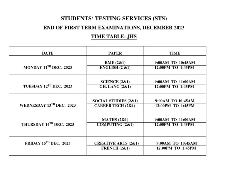 STS JHS Time Table | PDF