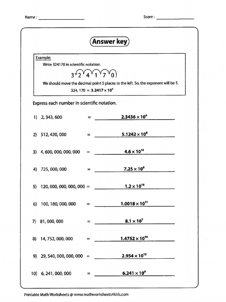 Scientific Notation Worksheets Key | PDF
