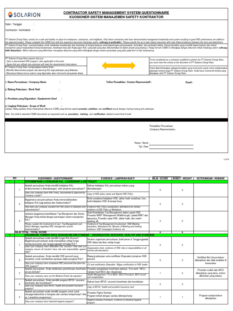 F-HSE-SOL-01-01 FORM CSMS PT ACE - Review Solarion | PDF | Bisnis