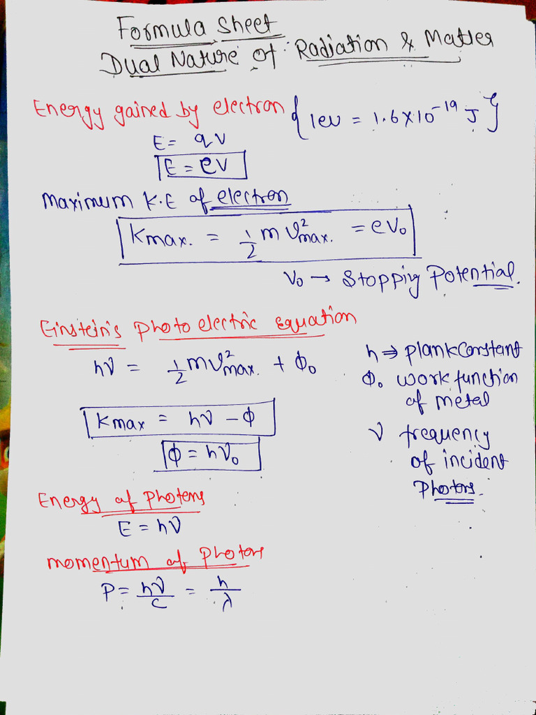 Formula Sheet Dual Natural of Radiation and Matter | PDF