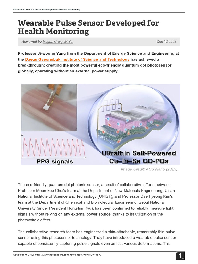 Wearable Pulse Sensor Developed For Health Monitoring | PDF | Wearable Technology | Sensor