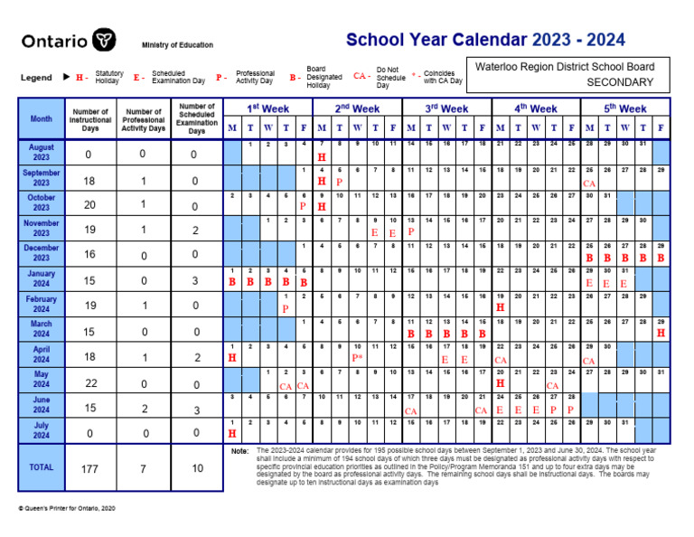 2023 24 School Year Calendar Secondary WRDSB May 31 - 2023 | PDF