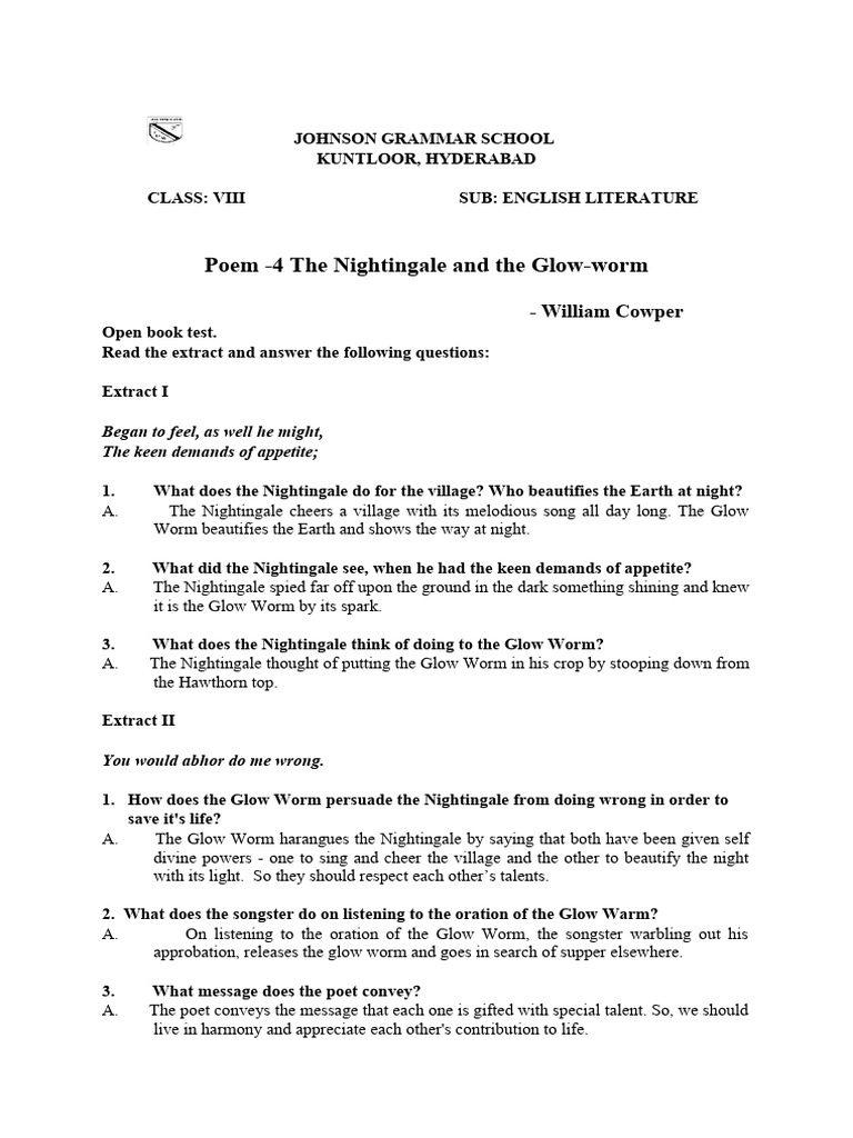Poem - 4 The Nightingale and The Glow-Worm: - William Cowper | PDF