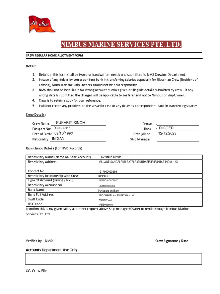 Crew Regular Home Allotment Form | PDF
