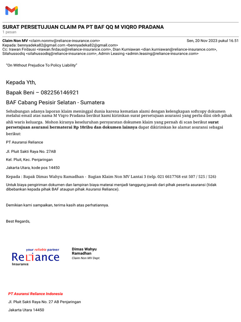 Gmail - SURAT PERSETUJUAN CLAIM PA PT BAF QQ M VIQRO PRADANA | PDF