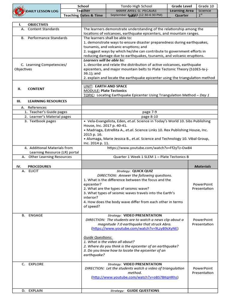 LP5 TriangulationMethod-Day1 | PDF | Earthquakes | Applied And Interdisciplinary Physics