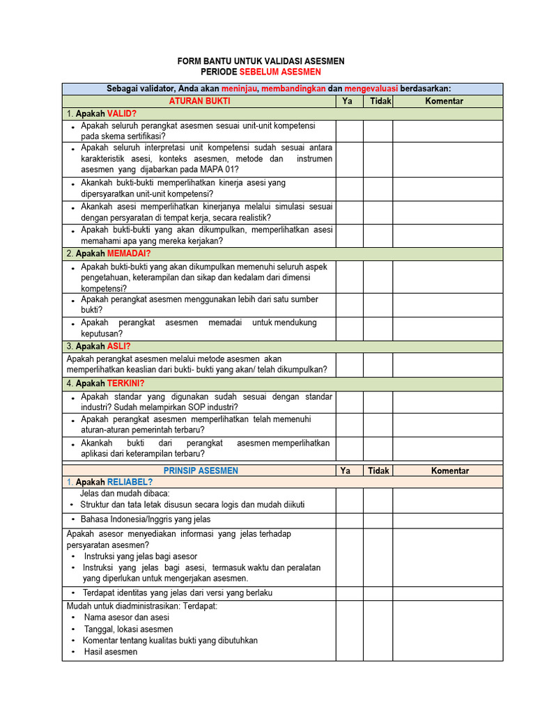 Form Bantu Validasi Asesmen-Ums | PDF
