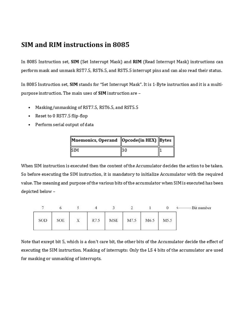 SIM and RIM Instructions in 8085 Microprocessor | PDF | Integrated Circuit | Central Processing Unit