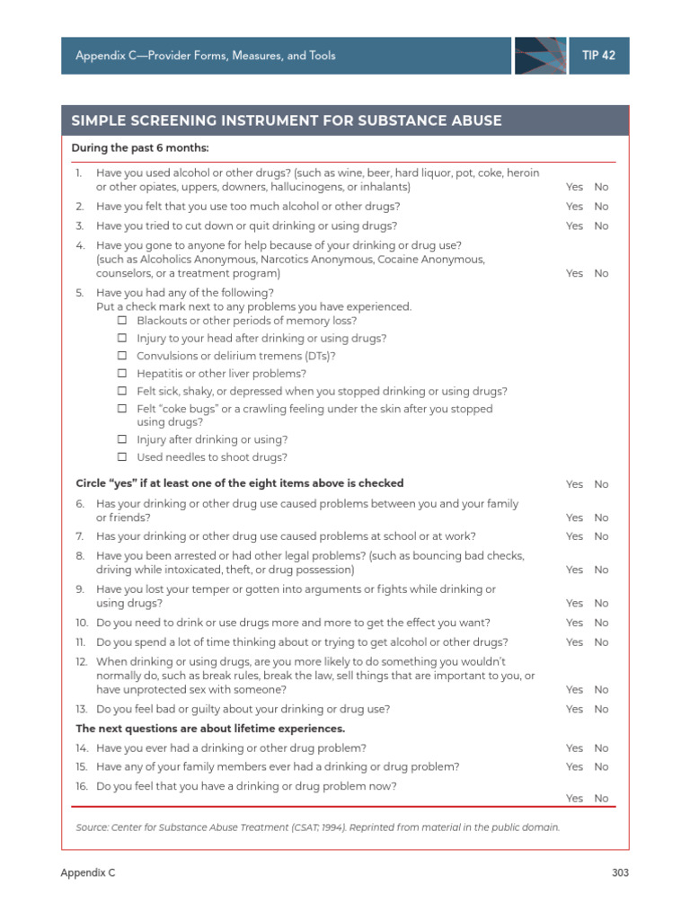 Simple Screening Instrument For Substance Abuse: Appendix C-Provider Forms, Measures, and Tools ...