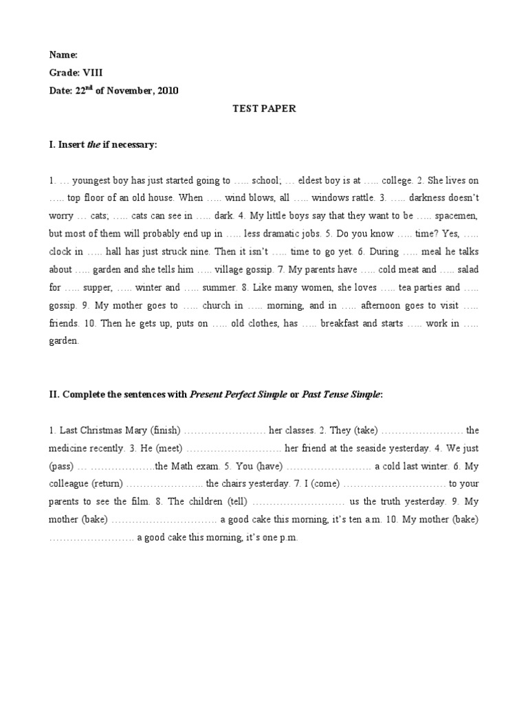 Grade VIII English Test Paper | PDF | Home & Garden