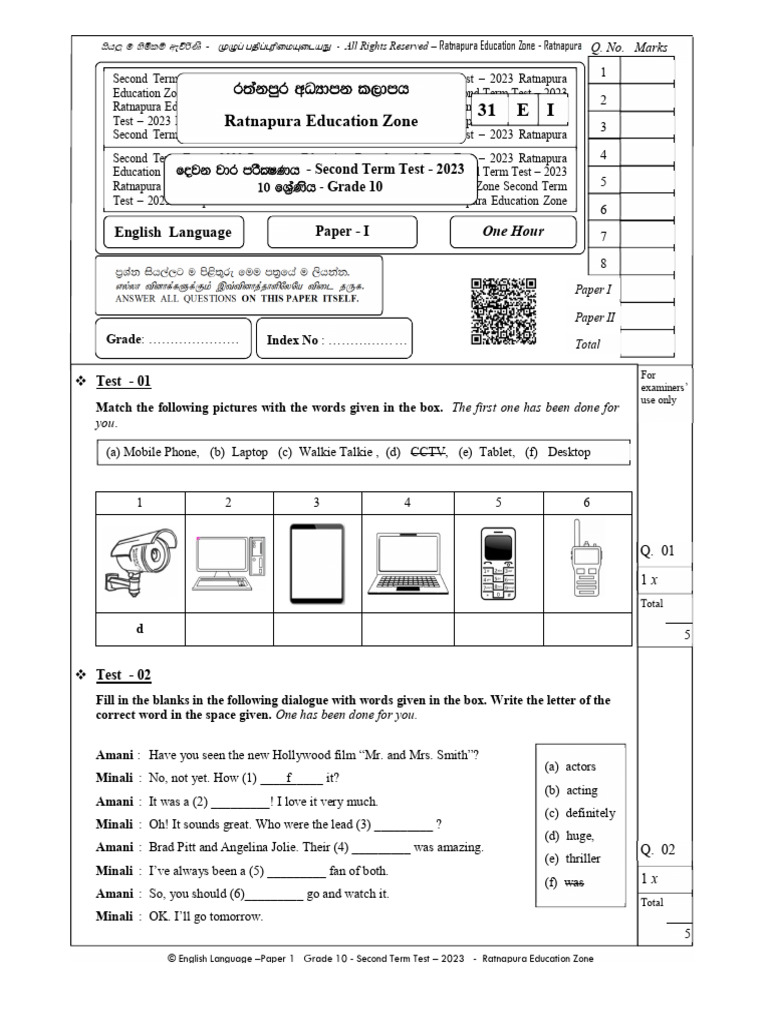 Grade 10-English-1 - 2023 - Second Term-1 | PDF | Cats