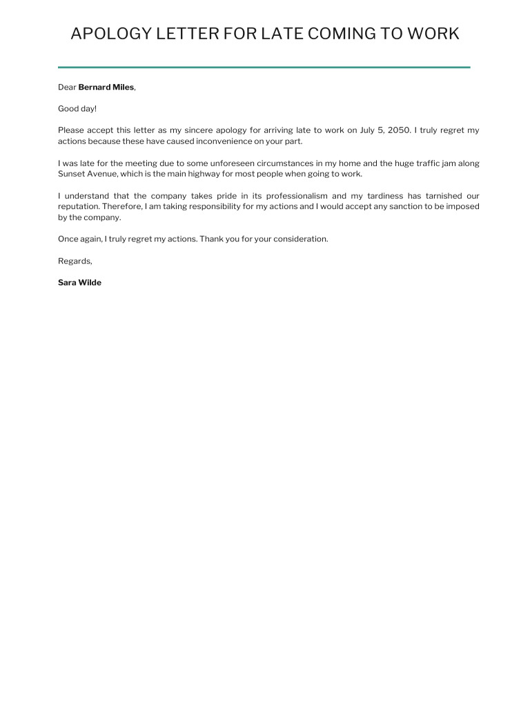 Free Apology Letter For Late Coming To Work Template | PDF