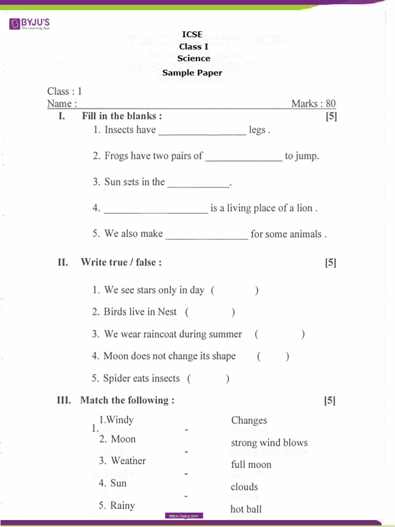 ICSE Class 1 Science Sample Paper | PDF
