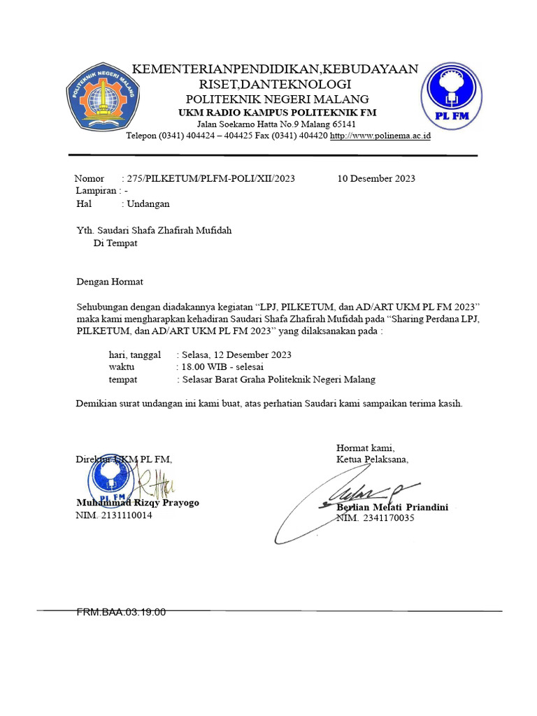 Surat Undangan Sharing Perdana LPJ, PILKETUM, Dan ADART 2023 - Shafa ...