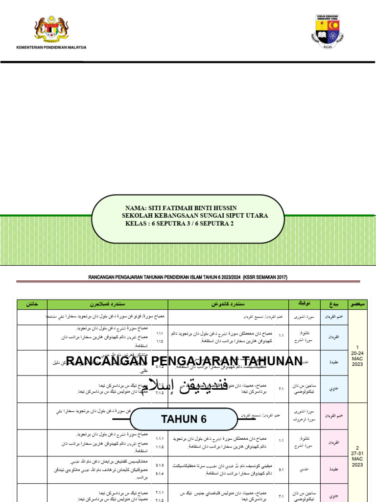 RPT Pendidikan Islam Tahun 6 KSSR Semakan Sesi 2023-2024 | PDF