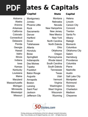 Printable List Of Us State Capitals States And Capitals