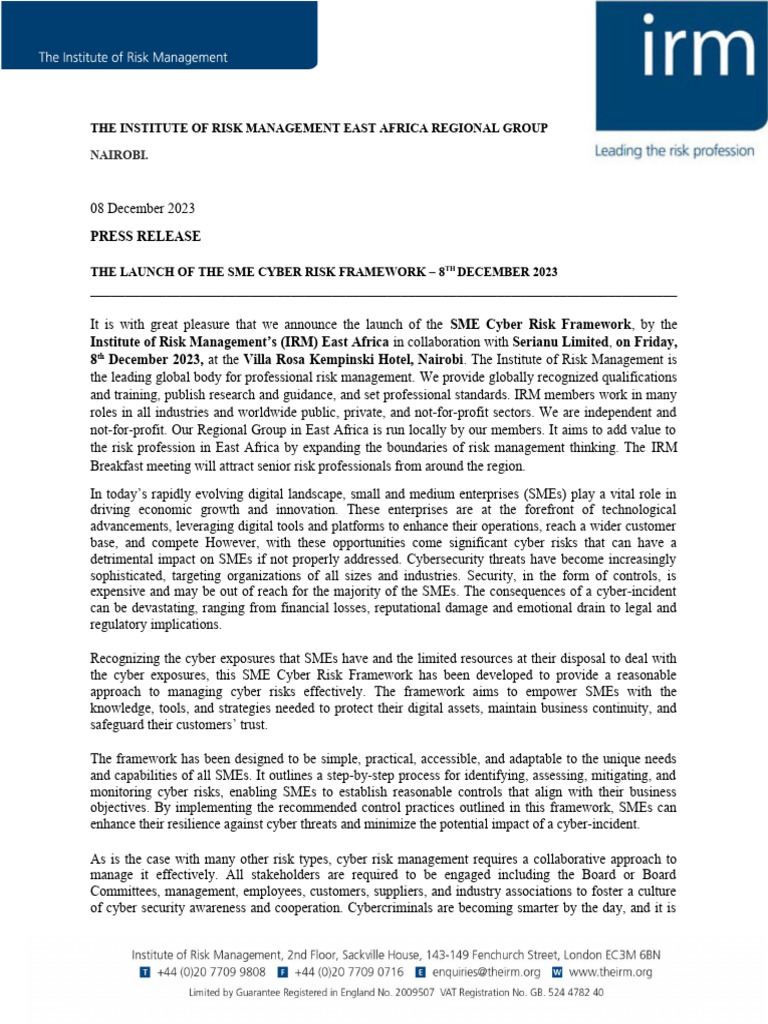 IRM SME Cyber Risk Framework Launch 08.12.23 Press Release | PDF | Computer Security | Security