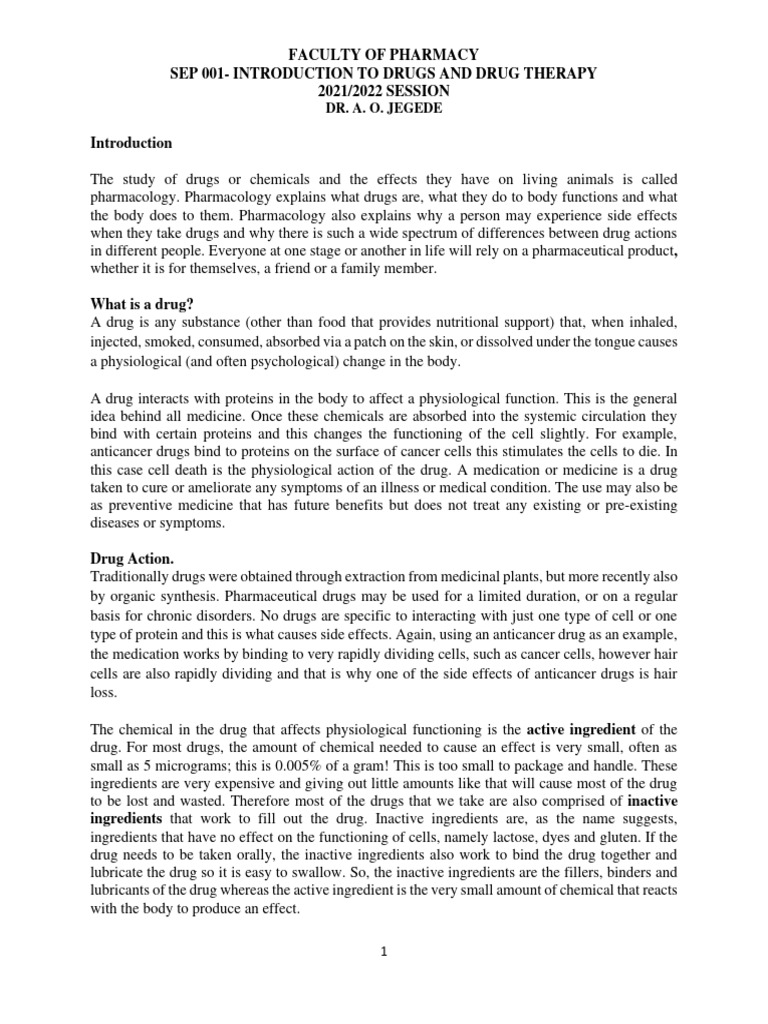 SEP 001 LECTURE NOTE- Introduction to Drug Therapy | PDF | Over The ...