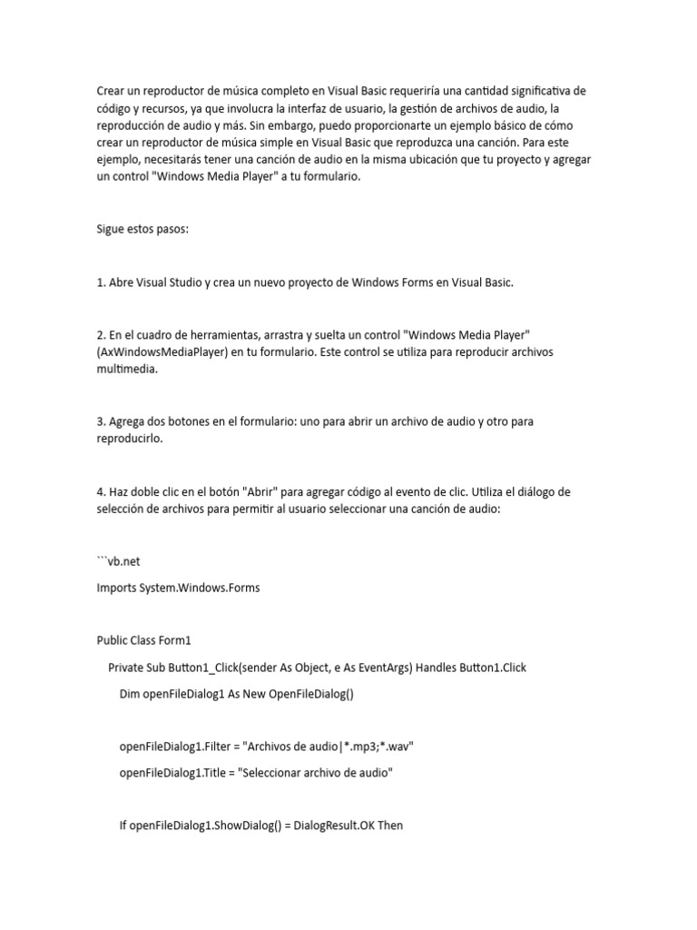 Crear Un Reproductor de Música Completo en Visual Basic Requeriría Una Cantidad Significativa de ...